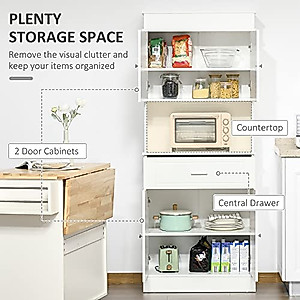 HOMCOM 72" Kitchen Buffet with Hutch, Freestanding Pantry Cabinet with Utility Drawer, 2 Door Cabinets, Adjustable Shelves and Countertop, White Wood Grain