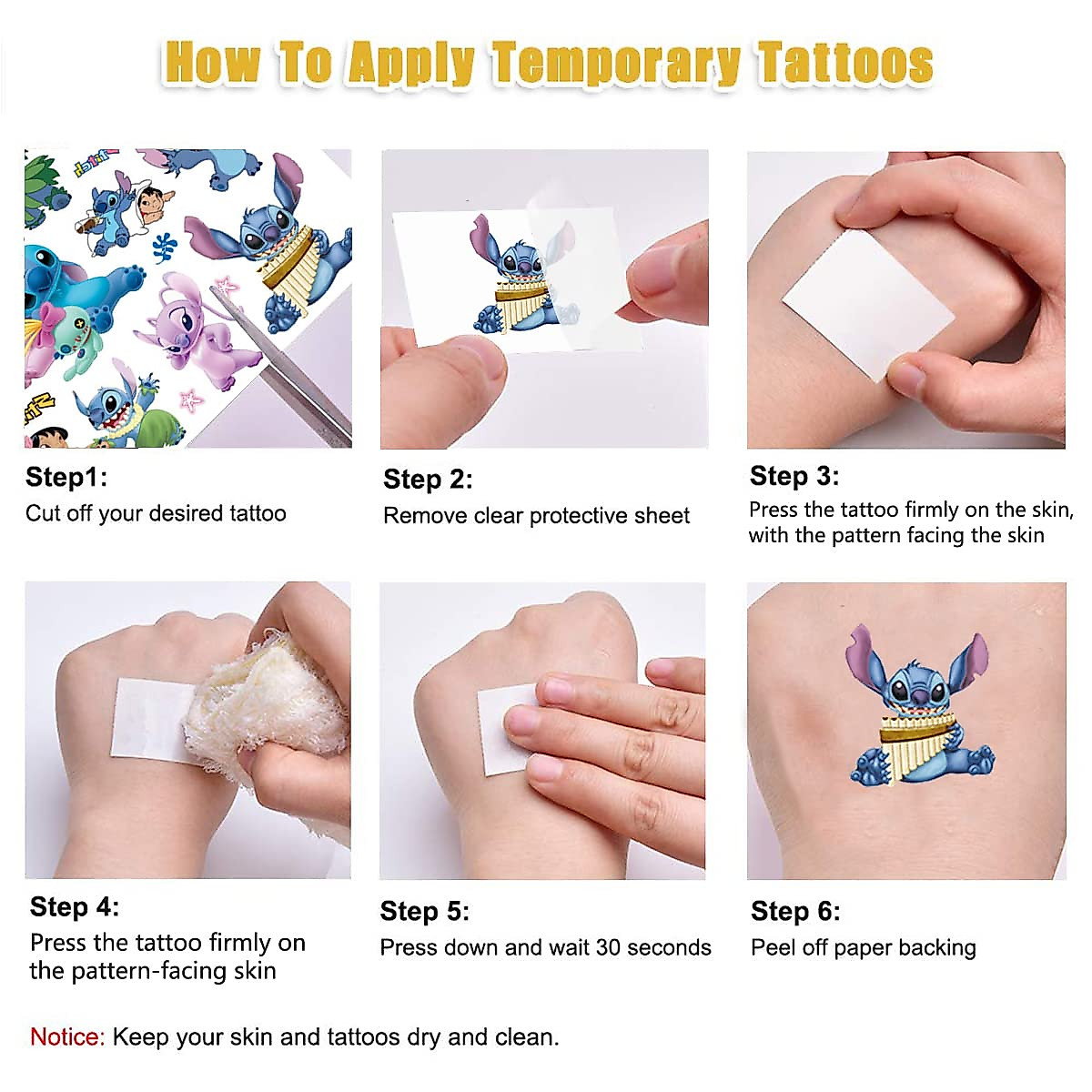 8 Sheets Temporary Tattoos Stickers For Lilo and Stitch, Lilo Birthday Party Supplies Decorations Party Favors, Gifts for Boys Girls School Classroom Rewards