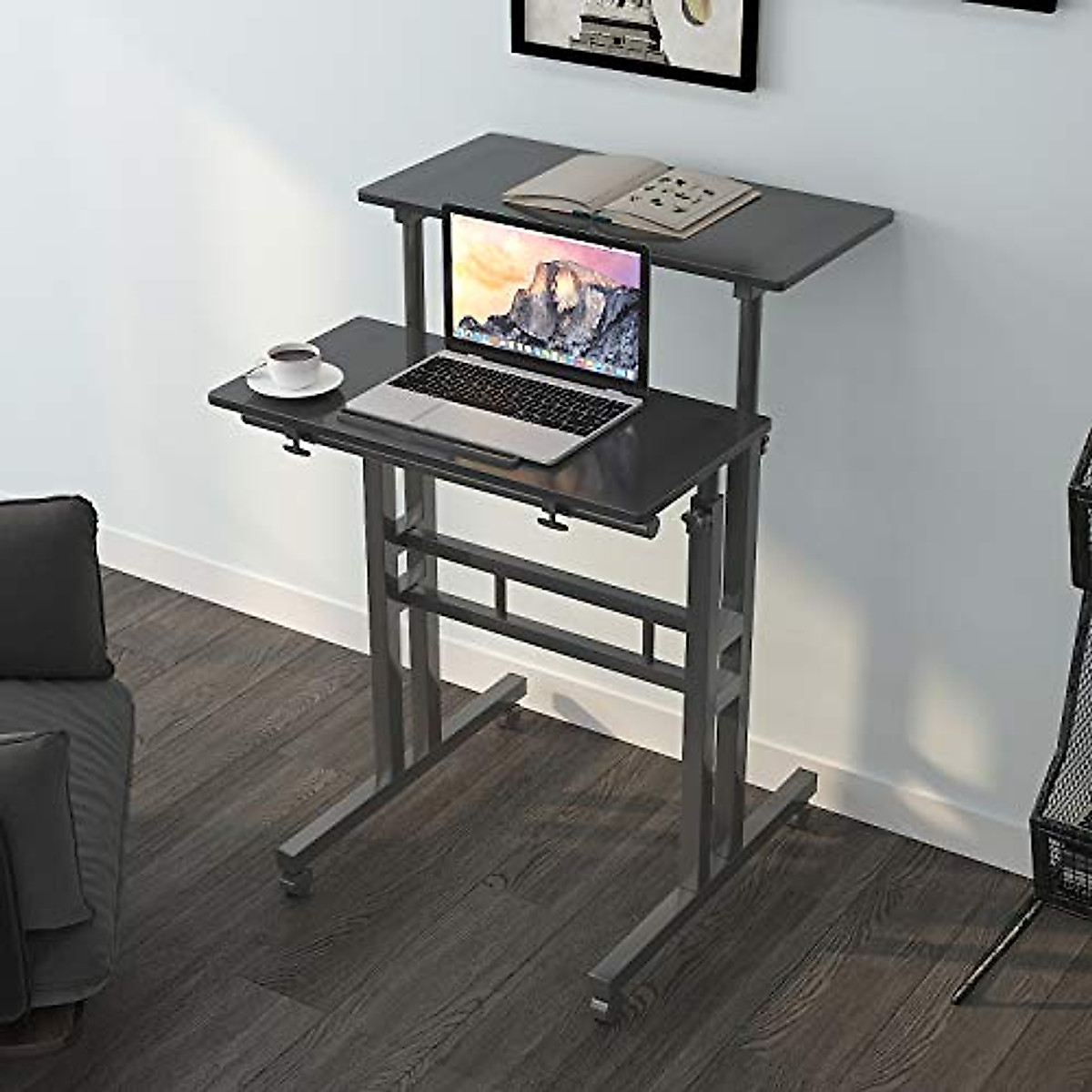 Mobile Stand Up Desk, 24 inch Laptop Computer Desk Adjustable Standing Home Office Desks with Roller, Student Desk School Desk Simple Stand Up Desk Small Desks for Small Spaces for Standing or Sitting