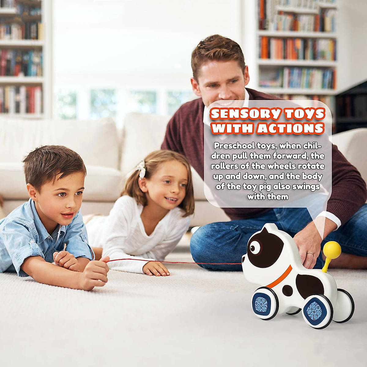 Toddler Pull Toy Walk-A-Long Bulldog Baby Toys Montessori Toys for Aged 2 3 4 5 Years Kid's Pet Puppy Toy with String Rubber Rimmed Wheels | Wearing a Bell | Walking Undulating | Wagging Tail Vivid