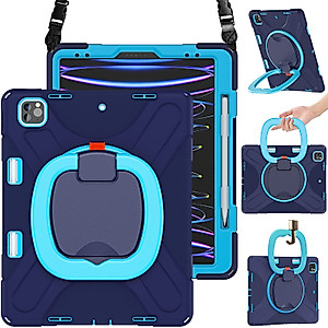 BRAECN for iPad Air 13 Inch Case M2 (2024), iPad Pro 12.9 (2022/2021, 6th/5th/4th/3rd Gen), Heavy Duty Shockproof Cover with Pencil Holder, Rotating Handle Grip, Stable Kickstand, Shoulder Strap, Navy