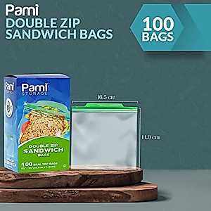 PAMI Double Zip Sandwich Bag [100 Pieces] - Leakproof Ziplock Sandwich Bags With Freshness Lock- Food-Safe Zipper Storage Bags For Sandwiches, Snacks, Fruits & More- Resealable Sandwich Baggies
