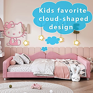 HRVEOCEI Sherpa Upholstered Daybed, Twin Size Day Bed Frame for Kids Girls Boys,Low Profile, Soft Armrest, Cloud-Shaped Backrest (Pink, Twin)