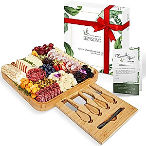 Bamboo Cheese Board and Knife Set - Includes a Secret Drawer with Stainless Steel Fork and Cheese Knife Set for Charcuterie Board Party Serving Tray - Thoughtful Wedding Anniversary Housewarming Gifts