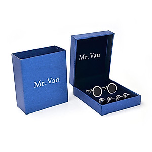 Mr.Van Onyx Cufflinks and Studs Set Formal Black Silver Groomsmen Groom Wedding Gift Cuff Links