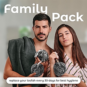 MainBasics Charcoal Infused Bath Shower Loofah Sponge Pouf Body Wash Scrubber (Set of 3)