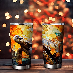 20oz Orange Stained Glass Flower Sea Turtle Tumbler, Gifts for Turtle Lovers, Ocean, Beach Gifts, Coffee Thermos for Women, Stainless Steel Double Wall Vacuum Insulated Coffee Mug, Travel Cup with Lid