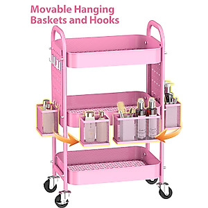 ALVOROG 3-Tier Rolling Utility Cart Movable Storage Organizer Shelves with Wheels and Hanging Cups Multifunctional Service Cart for Kitchen, Office, Coffee Bar-Black