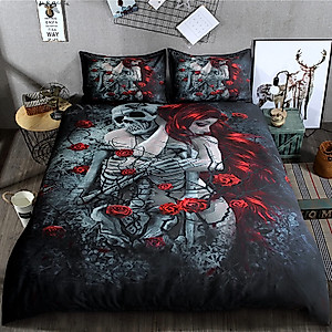 Duvet Cover Full Skull Bedding - 3 of Set Love Never Dies Duvet Cover with Zipper Closure, Super Soft, Fashion, ZHH