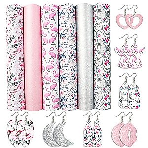 David accessories Flamingo Floral Printed Faux Leather Fabric Sheets Vivid Pearl Light Solid Color 6 Pcs 7.7" x 12.9" (20 cm x 33 cm) for DIY Bows Earrings Making (Animal and Floral)