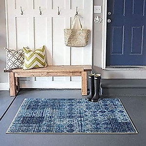 YoKii Navy Blue Geometric Distressed Throw Rug Texture 2x3 Faux Wool Modern Abstract Small Area Rug Fuzzy Kitchen Bathroom Mat Rubber Backed Vintage Diamond Low Pile Indoor Doormat (2x3, Navy Blue)