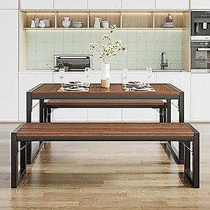 SHA CERLIN 3-Piece Dining Table Set with 2 Benches, Rustic Kitchen Table Set for 4-6, Space-Saving Dinette, Sturdy Structure, Easy Assemble, Walnut/Black