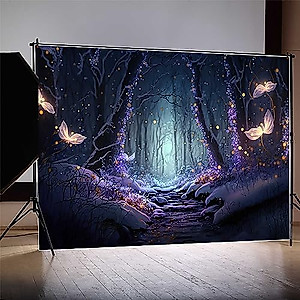 MOONDECO Photography Backdrop 7x5ft Butterfly Wonderland Forest Road Birthday Background Children Bluey Party Photo Booth Props Fire Fly Lamp Light Decorations