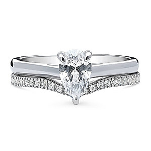 BERRICLE Sterling Silver Solitaire Wedding Engagement Rings 0.8 Carat Pear Cut Cubic Zirconia CZ Ring Set for Women, Rhodium Plated Size 5