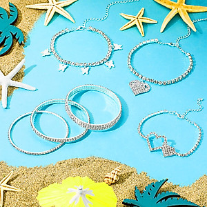 Laumoi 6 Pcs Ankle Bracelets for Women Christmas Rhinestone Stretch Anklet Heart Ankle Bracelets Anklet Jewelry Crystal Foot Chain(Silver, Heart Style)