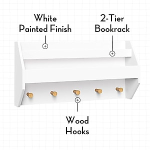RiverRidge Kids Catch-All Wall Shelf with Bookrack and Hooks, One Size, White