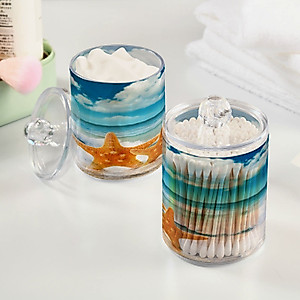 ALAZA 2pcs Summer Sea Beach Starfish Funny Qtip Holder Dispenser 14 oz Bathroom Storage Clear Apothecary Jars Containers Cotton Ball,Cotton Rounds,Floss Picks, Hair Clips, Food