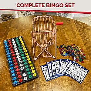 MR CHIPS 11" (Inch) Tall Professional Bingo Set with Steel Bingo Cage, Everlasting 7/8” Bingo Balls, 18 Bingo Cards and 300 Bingo Chips - Rose Gold Color