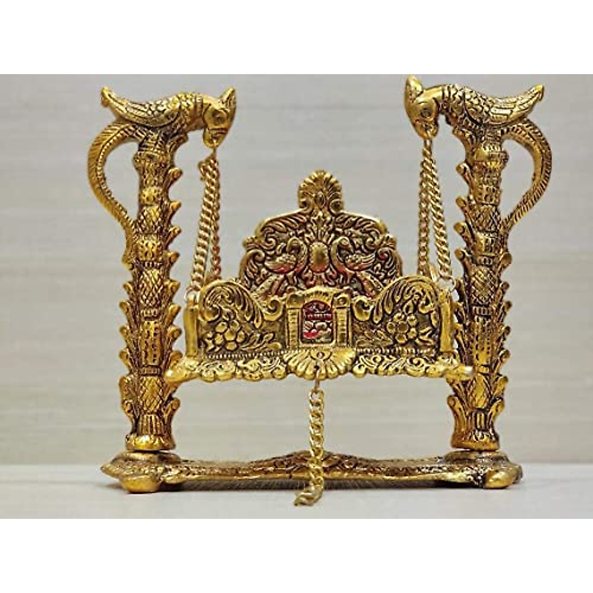 LAXMI Craft Lord Krishna Jhula Singhasan Indian Traditional Handicraft Antique Look Temple Arch/gate Design, Laddu Gopal Sofa with Jhula,Brass,17 x 10 x17 Cm (Metal JULLA with MARBAL Krishna)