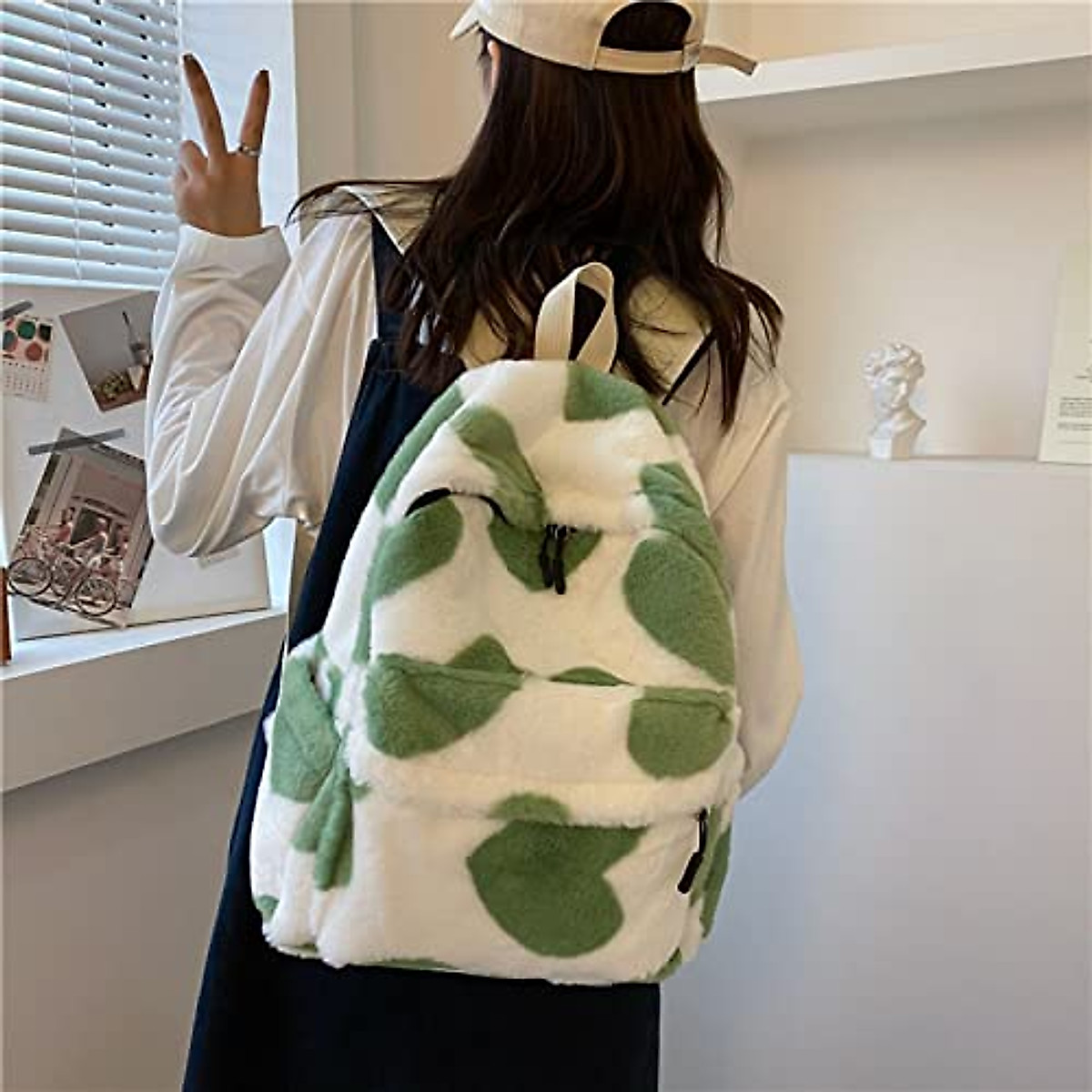 Tomato City Fuzzy Backpack Fluffy School Shoulder Bag Purse Pink Heart Pattern (Green Heart,Faux Fur), Medium