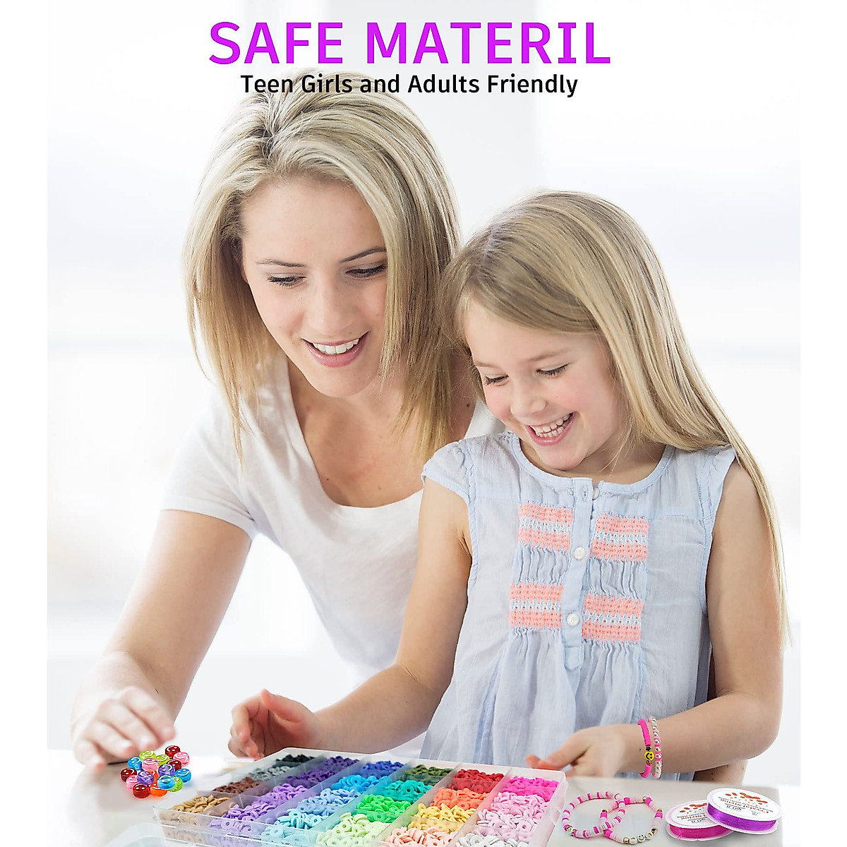 Gionlion 8000 Pcs Clay Beads Kit 2 Boxes for Bracelet Making, 24 Colors Flat Clay Beads Letter Beads Spacer Beads and Charms Kit for Jewelry Making, Jewelry Supplies Crafts Gift for Teen Girls Adults