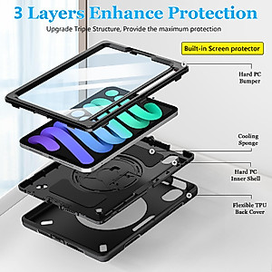 Case for iPad Mini 6 2021: Military Grade Shockproof TPU Protective Cover for Kids iPad Mini 6th Generation 8.3 Inch with Screen Protector- Stand + Handle + Shoulder Strap + Pencil Holder- Black
