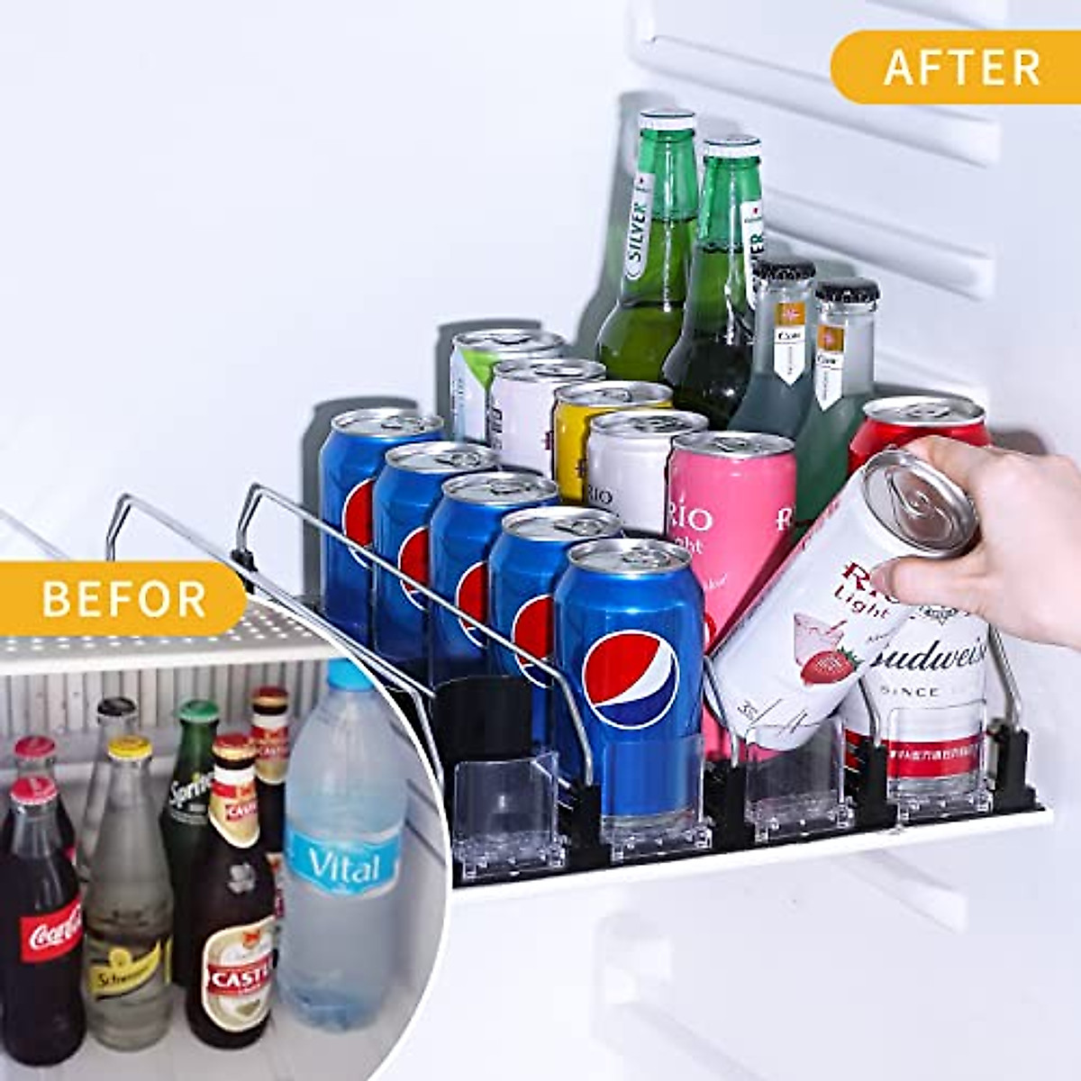 Soda Can Organizer for Refrigerator, Self-Pushing Drink Organizer for Fridge,Width Ajustable Beverage Pusher Glide Pantry Holds up to 25/30 Cans Black