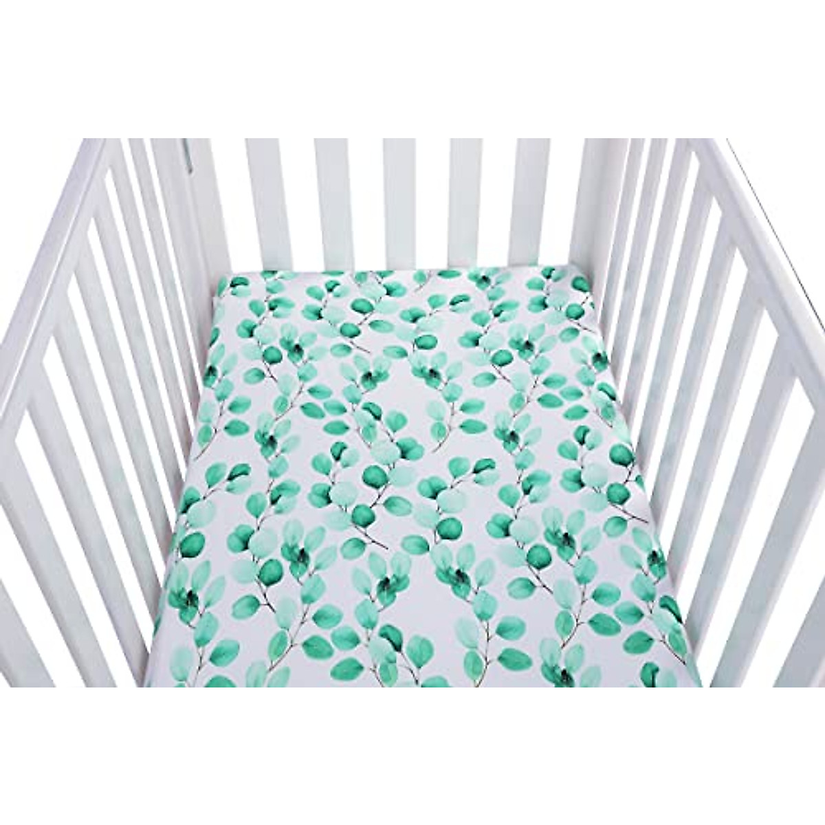Pack n Play Sheets 2 Pack for Baby Unisex, Stretchy Jersey Knitted Portable Mini Crib Sheets Playard Mattress Cover for Baby Boys and Girls, Watercolor Green Botanical Leaf