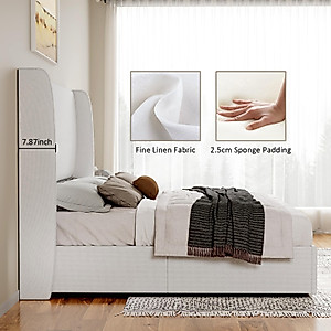 Jocisland King Size Bed Frame with Storage Upholstered Lift Storage Bed Linen Platform Bed with Wingback Headboard/Hydraulic Storage/No Box Spring Needed/Wood Slats Support/White