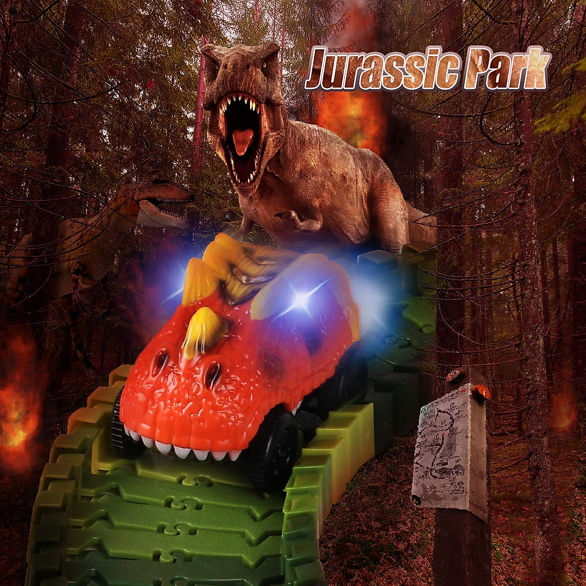 Track Car Replacement Only,LED Light Up Dinosaur Cars Compatible with Most Tracks,Dino Cars Accessories for Race Track Sets(2 Pack)