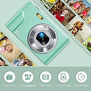 Digital Camera Auto Focus Point and Shoot Camera, FHD 1080P 48MP Kids Camera with 32GB Memory Card,16X Zoom Vlogging Camera Small Digital Cameras for Kids Teenagers Students Green