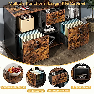 Oqefuoe Wood File Cabinet with Lock, 3 Drawer Office Storage Cabinet Printer Stand Mobile Lateral Filing Cabinet with 4 Open Shelves for Home Office, Rustic Brown