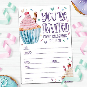 Cupcake Birthday Party Invitations (20 Count With Envelopes) - Watercolor Cupcakes And Sprinkles Birthday Invites
