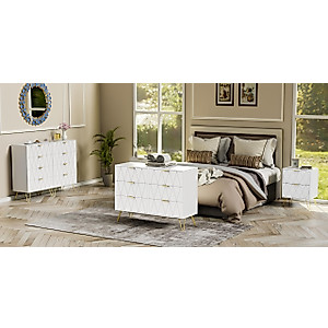Anbuy 3 Pcs Bedroom Sets, 6 Drawer Dresser and Night Stand Sets for Bedroom, Two Drawers Nightstand Set of 2 & 6 Drawer Dresser Combo 3 Pieces (White)