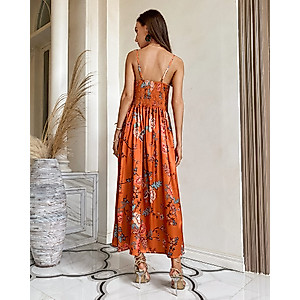 Fashionme Women Spaghetti Strap Midi Satin Dresses Tie Front Backless Split Summer Casual Floral Dress Hollow Flowy Slip Dress Sundress Wedding Guest Beach Cocktail Graduation Orange