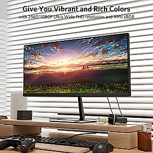 Fiodio 24'' 21:9 75Hz Computer Monitor, 2560x1080P Ultra Wide Full HD Flat Monitor with HDMI Display Ports, Adjustable Tilt, Free-Tearing Eye Care for Home Office, Gaming (DP Cable Included) (23H2F)