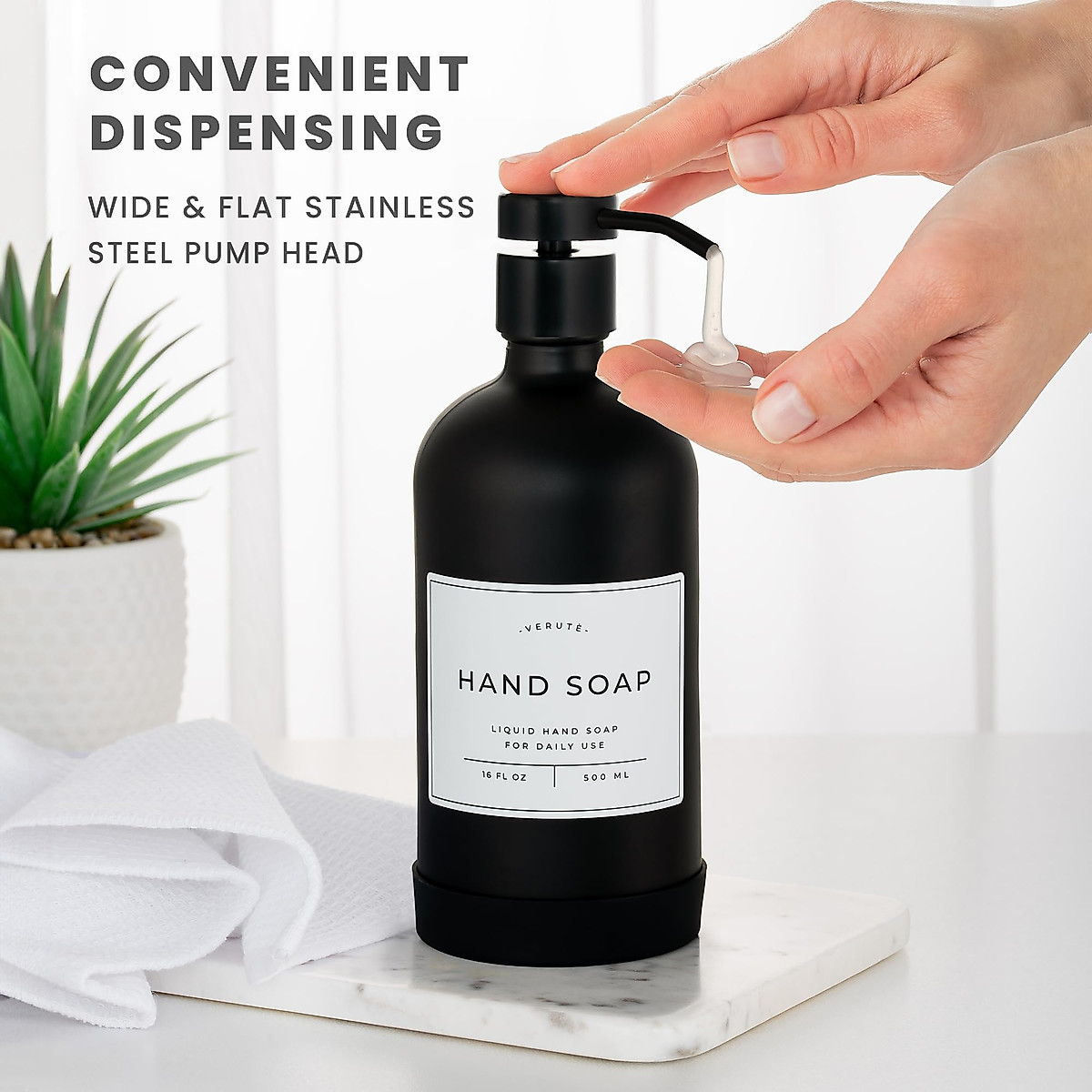 Verute 16oz Glass Soap Dispenser with Stainless Steel Pump, 21 Waterproof Labels, Non-Slip Protective Silicone Pad, Set of 2 for Bathroom & Kitchen (Matte Black Bottle/Black Pump)