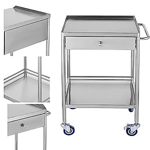 Lab Serving Cart, 2-Layer Utility Cart Stainless Steel with Wheels Rolling Cart, Commercial Wheel Dental Lab Cart Utility Services with Single Drawer and Silent Omnidirectional Lockable Wheel