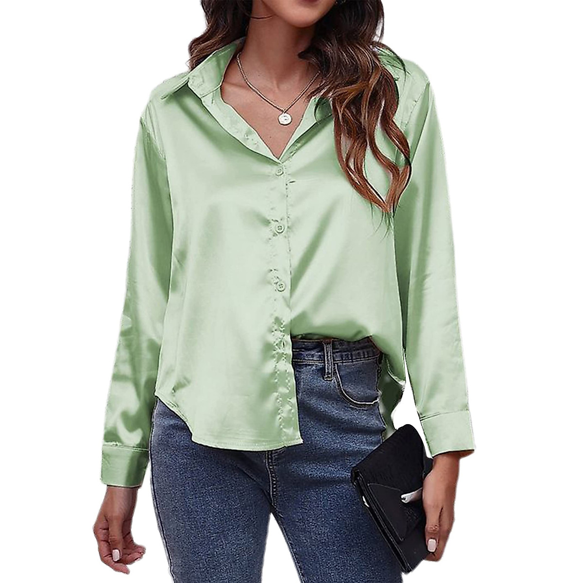 Avanova Women's Long Sleeve Satin Blouse Top Casual V Neck Button Down Work Shirt Light Green Large