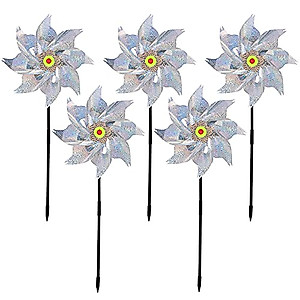 BESPORTBLE 5Pcs Reflective Pinwheels Bird Blinder Pinwheels Pinwheel Bird Deterrent Silver Holographic Windmills Keep Birds Away for Farm Garden Yard