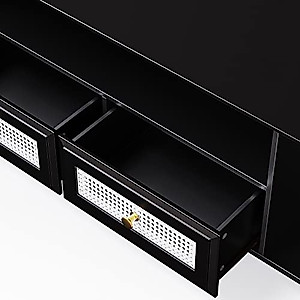 LZ LEISURE ZONE Farmhouse Rattan TV Stand for TVs up to 65", Boho Style Entertainment Center with Gold Metal Handles, Modern TV Console Table with Drawers and Cabinets for Living Room, Black