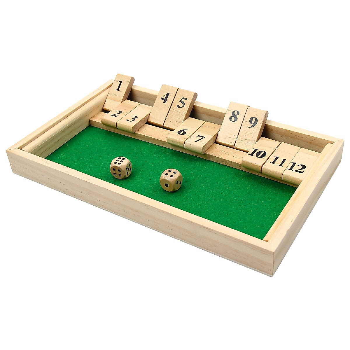 bouti1583 Shut The Box Game Wooden, Classic 12 Number Wooden Set with Dice, Green- Adults and Children