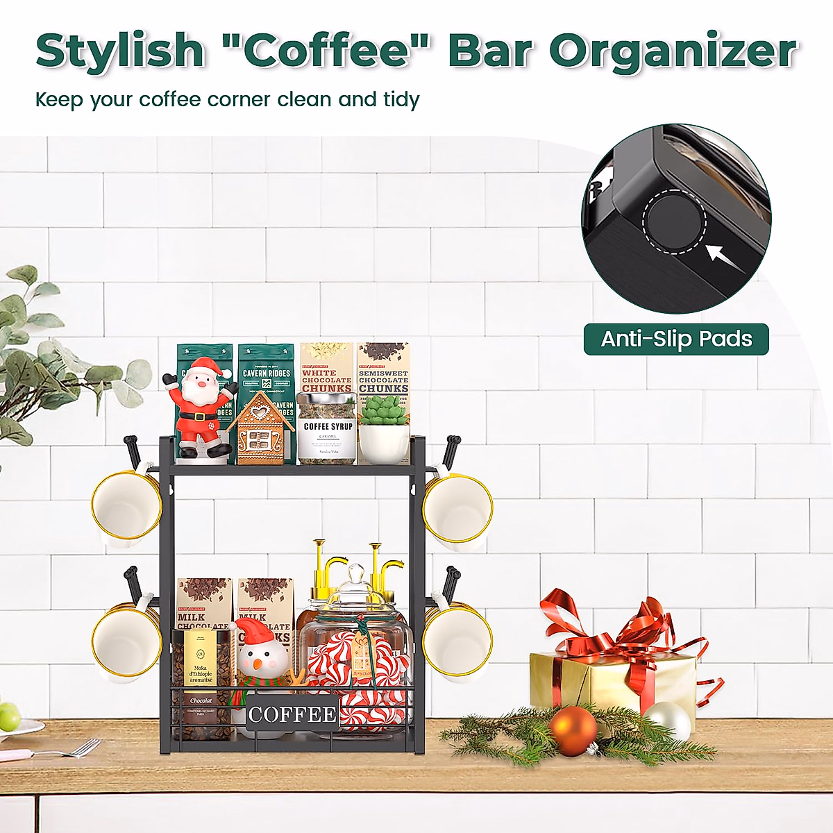 EsLuker.ly 2 Tier Coffee Bar Organizer Countertop Station Shelf for Home Office, Multi-functional Coffee Mug Cup Holder Stand, Accessory Storage Rack with 12 Hooks, Space-Saving Coffee Nook Enhancer
