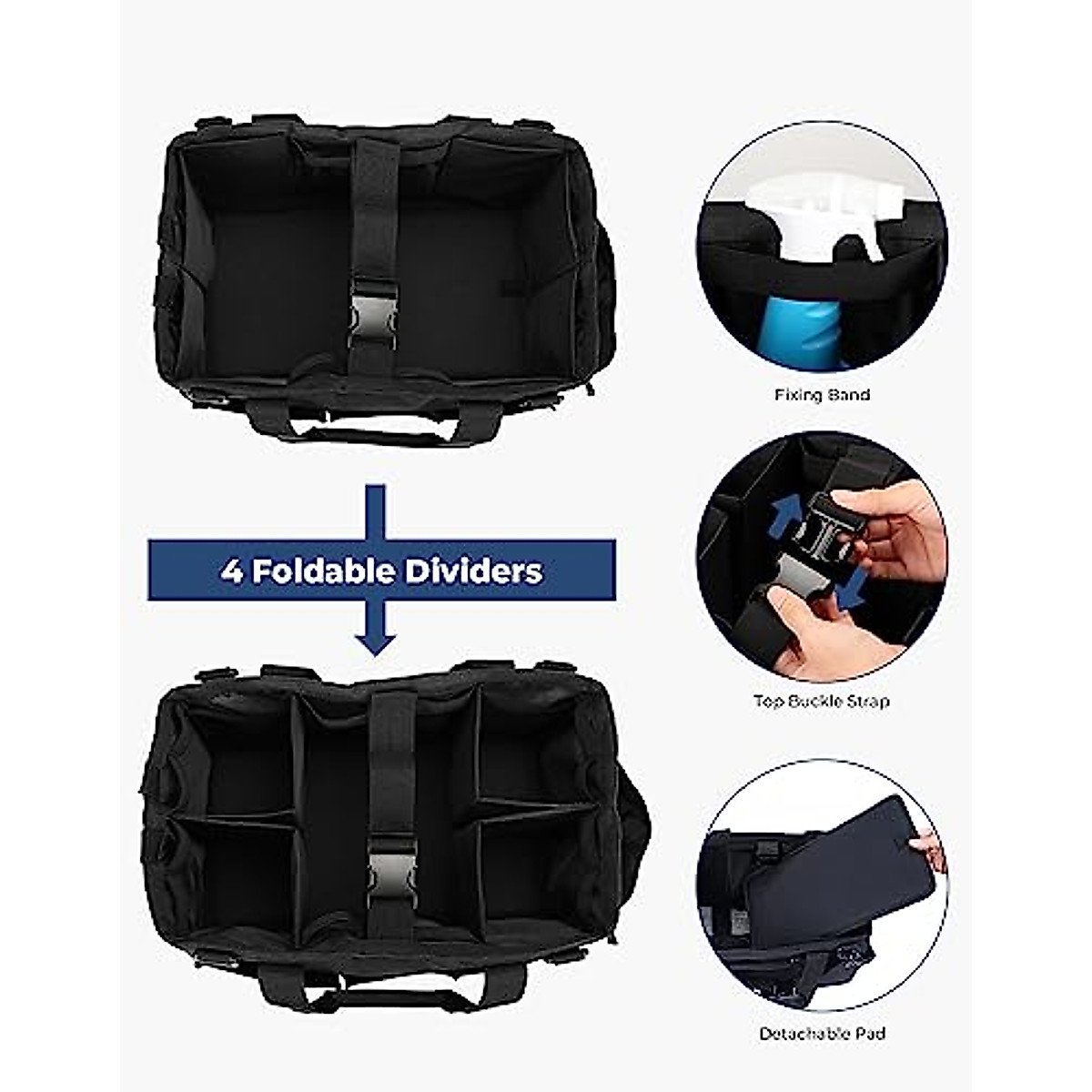 F40C4TMP Double Leaves Large Wearable Cleaning Caddy Bags for Housekeepers, Cleaning Supplies Organizer, Tools Tote with Handle for Housekeeping and Car Storage, Black