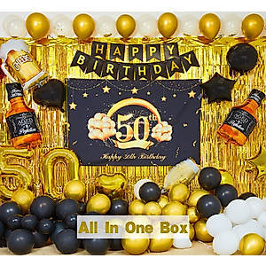 50th Birthday Party Decorations to 50 Years Old Party Supplies for Men with Balloons Garland kit, 50th Birthday Backdrop, Happy Birthday Banner, Foil Balloons and Curtains