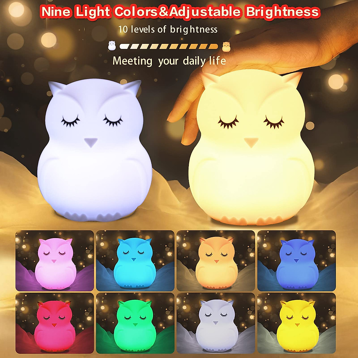 WHA&DARREN Large Owl Night Light for Kids,Cute Baby Night Light, Silicone Bedside Lamp, Sleep Lights, Eye Caring, Adjustable Brightness & Color, Time Setting, Touch+Remote Control