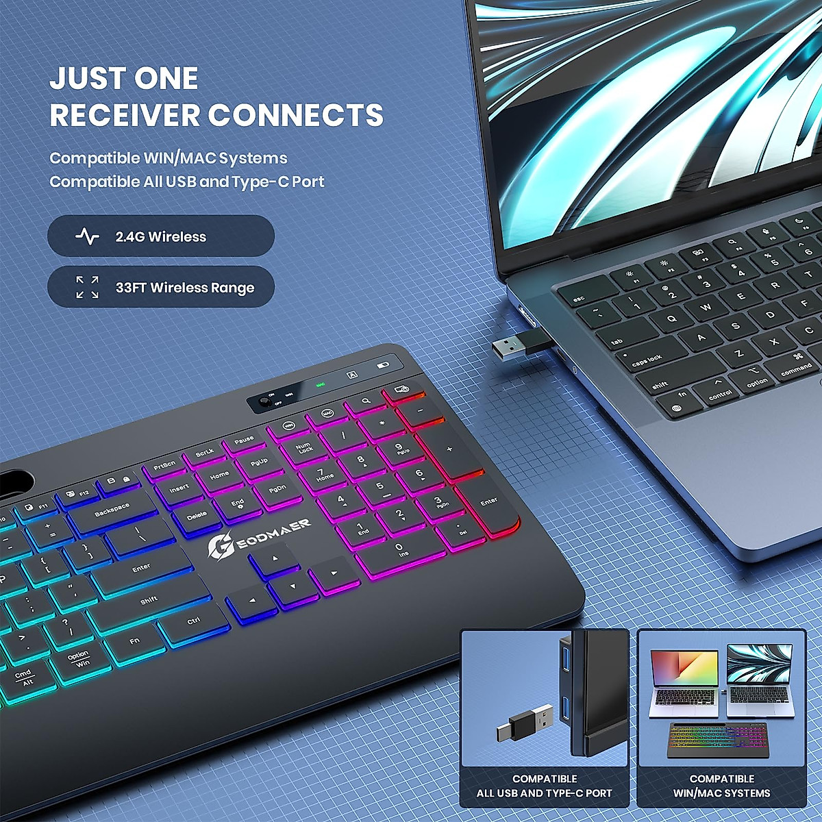 GEODMAER Wireless Keyboard and Mouse Combo with Phone Holder, Wrist Rest, Silent Rechargeable Backlit Full Size Ergonomic Keyboard and Mouse Wireless, Light Up Keyboard and Mouse for PC Mac