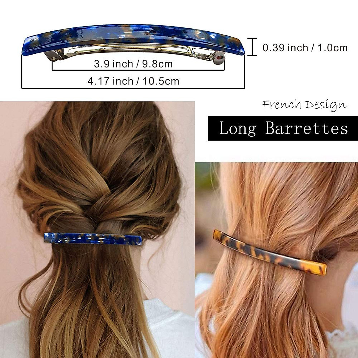 HYFEEL Long French Barrettes for Women Simple Classic Acrylic Resin Hair Clips Tortoise Shell Skinny Large 4 inch No-slip Grip Automatic Clasp Clamp For Thick Hair, 3 Pack