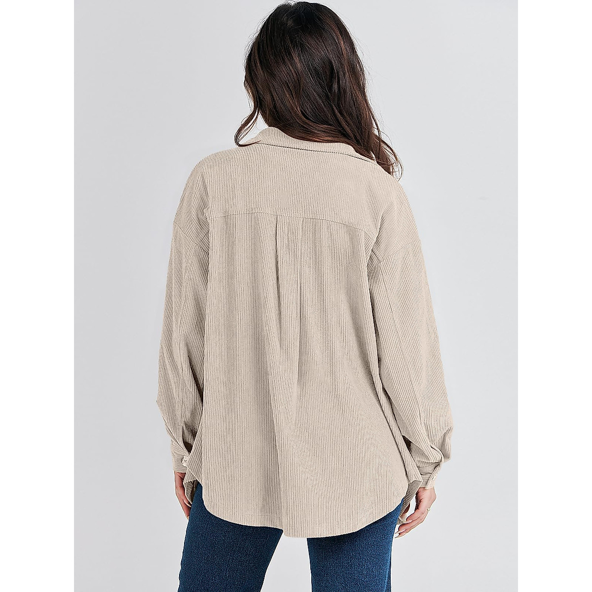 ANRABESS Womens Corduroy Shacket Button Down Shirts Oversized Long Sleeve Casual Cardigan Jacket 2025 Fall Fashion Clothes Beige Small