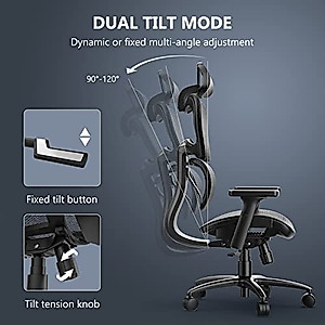 Tatub Mesh Ergonomic Office Chair Lumbar Support, High Back Mesh Computer Chair with Adjustable Headrest & 3D Armrest Tilt Lock for Adults, Ergonomic Chair with Wheels for Home Office (Black)